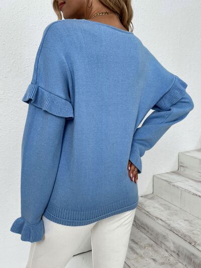 Ruffled V-Neck Dropped Shoulder Sweater – PeachesPlayland